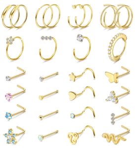 florideco 28pcs 20g nose rings hoops nose rings studs for women men stainless steel l shaped screw nose rings gold nostril nose piercing jewelry g