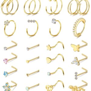 Florideco 28Pcs 20G Nose Rings Hoops Nose Rings Studs for Women Men Stainless Steel L Shaped Screw Nose Rings Gold Nostril Nose Piercing Jewelry G