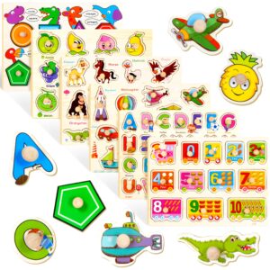 6 pack wooden peg puzzles set for toddlers 3 4, preschool educational pegged knob puzzle toy wooden learning toys for baby boys and girls age 3-4