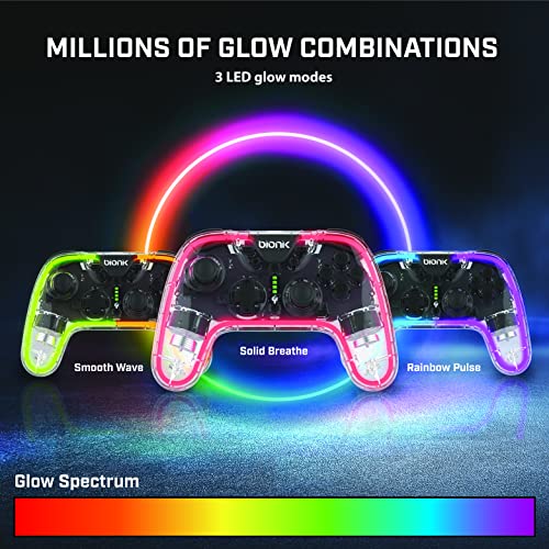 Bionik Neo Glow Nintendo Switch Wireless Controller: RGB Game Controller with Motion, 900 mAh Rechargeable Battery, Turbo Mode/Gyroscope/Transparent Shell/PC/Android