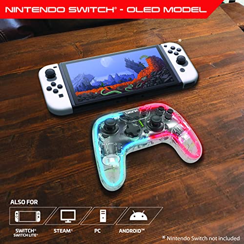 Bionik Neo Glow Nintendo Switch Wireless Controller: RGB Game Controller with Motion, 900 mAh Rechargeable Battery, Turbo Mode/Gyroscope/Transparent Shell/PC/Android