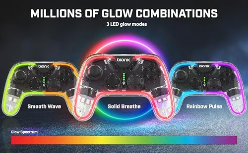 Bionik Neo Glow Nintendo Switch Wireless Controller: RGB Game Controller with Motion, 900 mAh Rechargeable Battery, Turbo Mode/Gyroscope/Transparent Shell/PC/Android