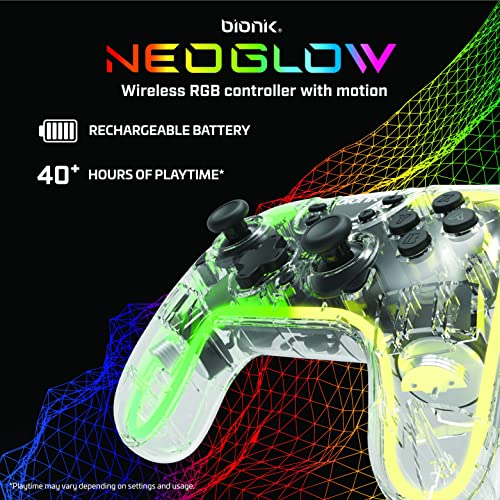 Bionik Neo Glow Nintendo Switch Wireless Controller: RGB Game Controller with Motion, 900 mAh Rechargeable Battery, Turbo Mode/Gyroscope/Transparent Shell/PC/Android