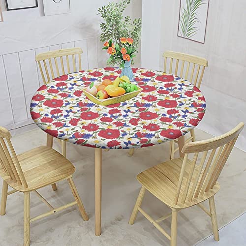 Floral Round Fitted Tablecloth Cover,Red Poppies Chamomile Ladybird Daisies Bumblebee Bees and Butterflies Print Elastic Edged Polyester Fitted Table Cover, xLarge, Fit Round Table 59"-63" Diameter