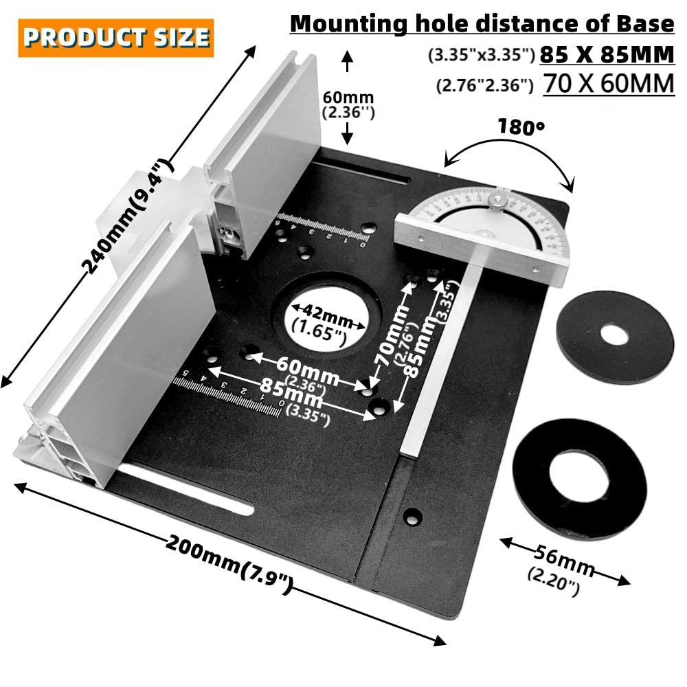 Aluminium Router Table Insert Plate - Woodworking Bench Bakelite Milled Table Top with Sliding Track Fence and Miter Gauge (Aluminum Fence Silvery Gauge)