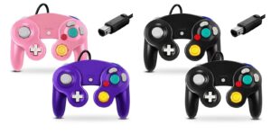 fiotok gamecube controller, classic wired controller for wii nintendo gamecube - enhanced- 4 pack （black&black&pink&purple）