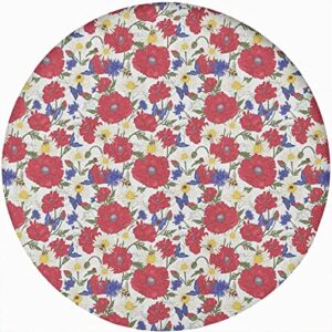 floral round fitted tablecloth cover,red poppies chamomile ladybird daisies bumblebee bees and butterflies print elastic edged polyester fitted table cover, xlarge, fit round table 59"-63" diameter