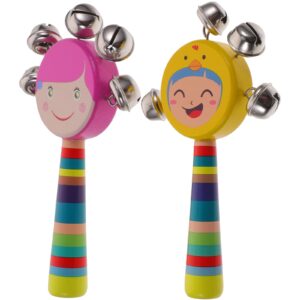 supvox 2pcs wood jingle rattle bell handheld hand jingle bell children rattle toys baby grip training toy cartoon shaking rattle for baby nursing supplies