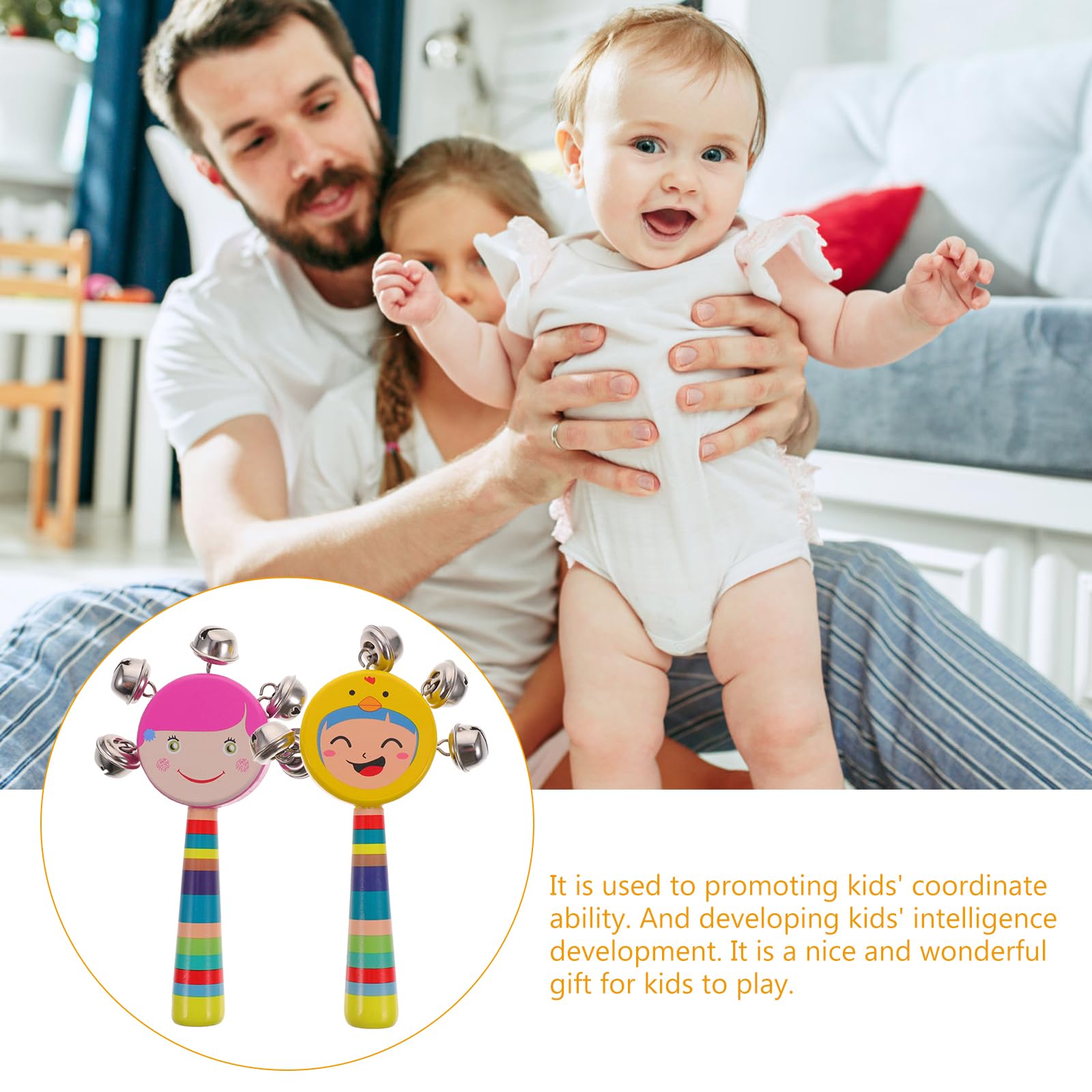 SUPVOX 2pcs Wood Jingle Rattle Bell Handheld Hand Jingle Bell Children Rattle Toys Baby Grip Training Toy Cartoon Shaking Rattle for Baby Nursing Supplies