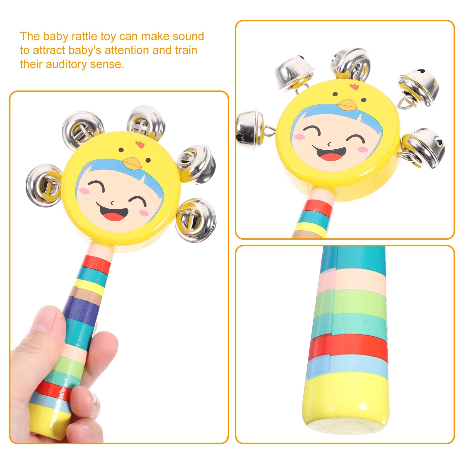 SUPVOX 2pcs Wood Jingle Rattle Bell Handheld Hand Jingle Bell Children Rattle Toys Baby Grip Training Toy Cartoon Shaking Rattle for Baby Nursing Supplies