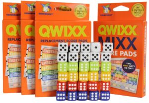 deluxe games and puzzles qwixx score sheets 4 pack with qwixx compatible ‘socially-distanced’ game dice quantity = 30, bundled