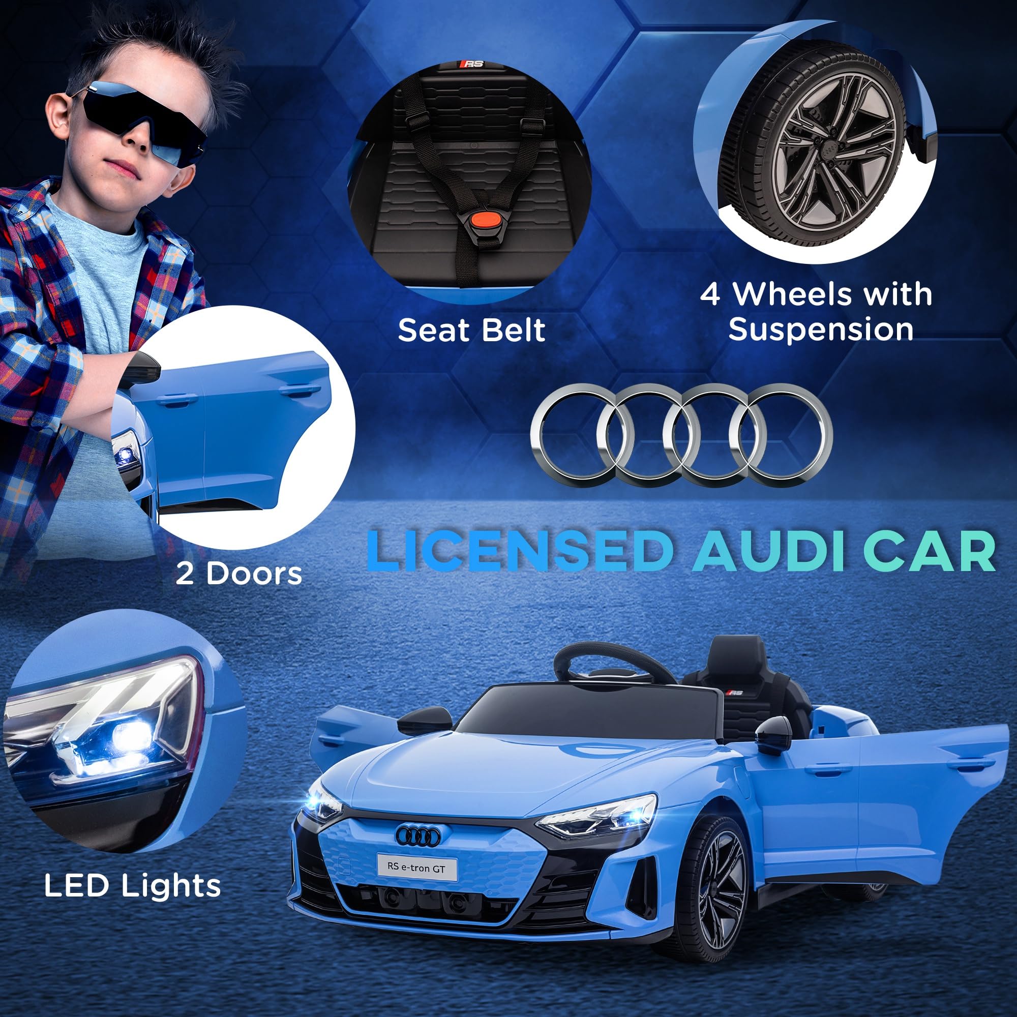 Aosom Kids Ride on Car, 12V Licensed Audi RS E-tron GT 3.1 MPH Electric Car for Kids, Ride-on Toy for Boys and Girls with Remote Control, 4 Wheels with Suspension, Horn, Music, Lights, Blue