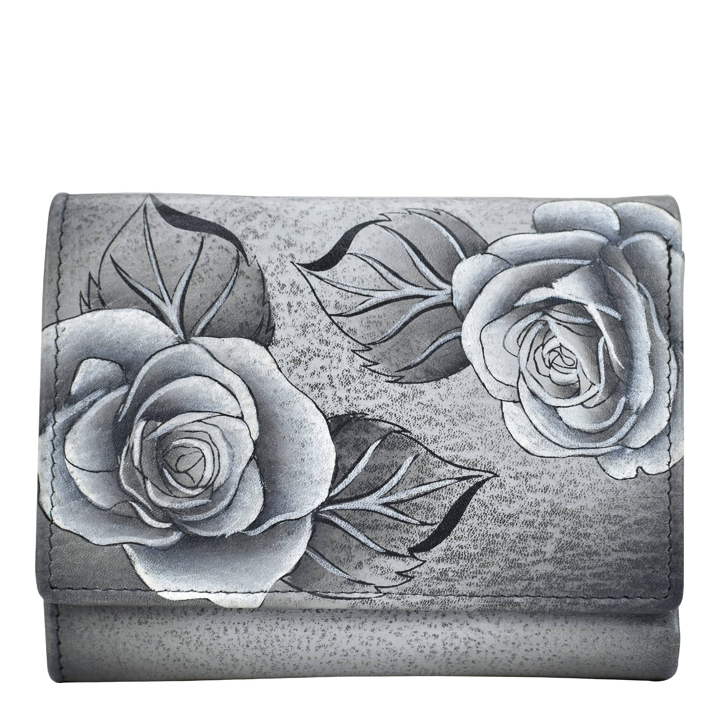 Anna by Anuschka Women's Hand-Painted Genuine Leather Ladies Three Fold Wallet - Romantic Rose Black