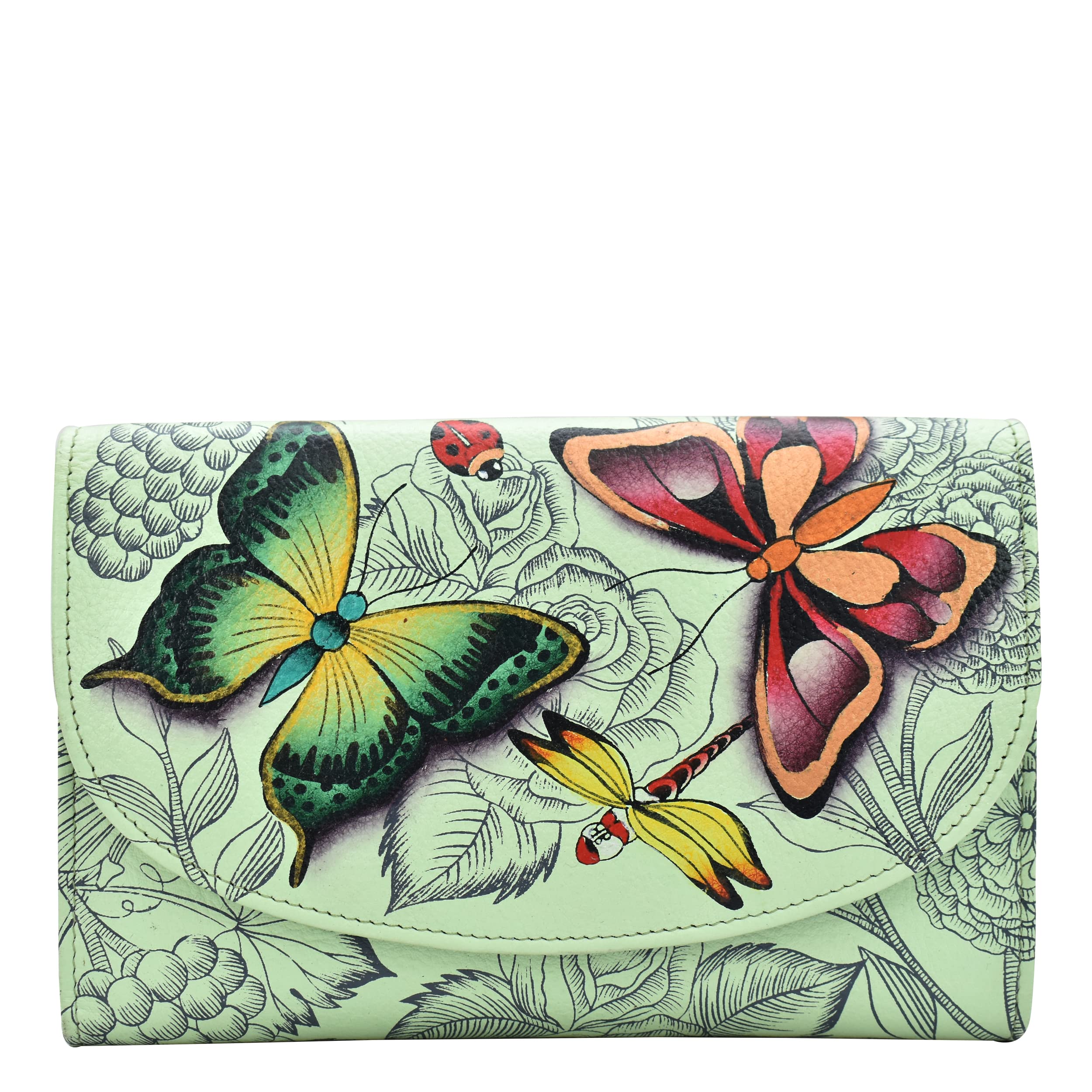 Anna by Anuschka Women's Geniune Leather Hand Painted Large Three Fold Checkbook Clutch Wallet - Dreamy Wings Sage