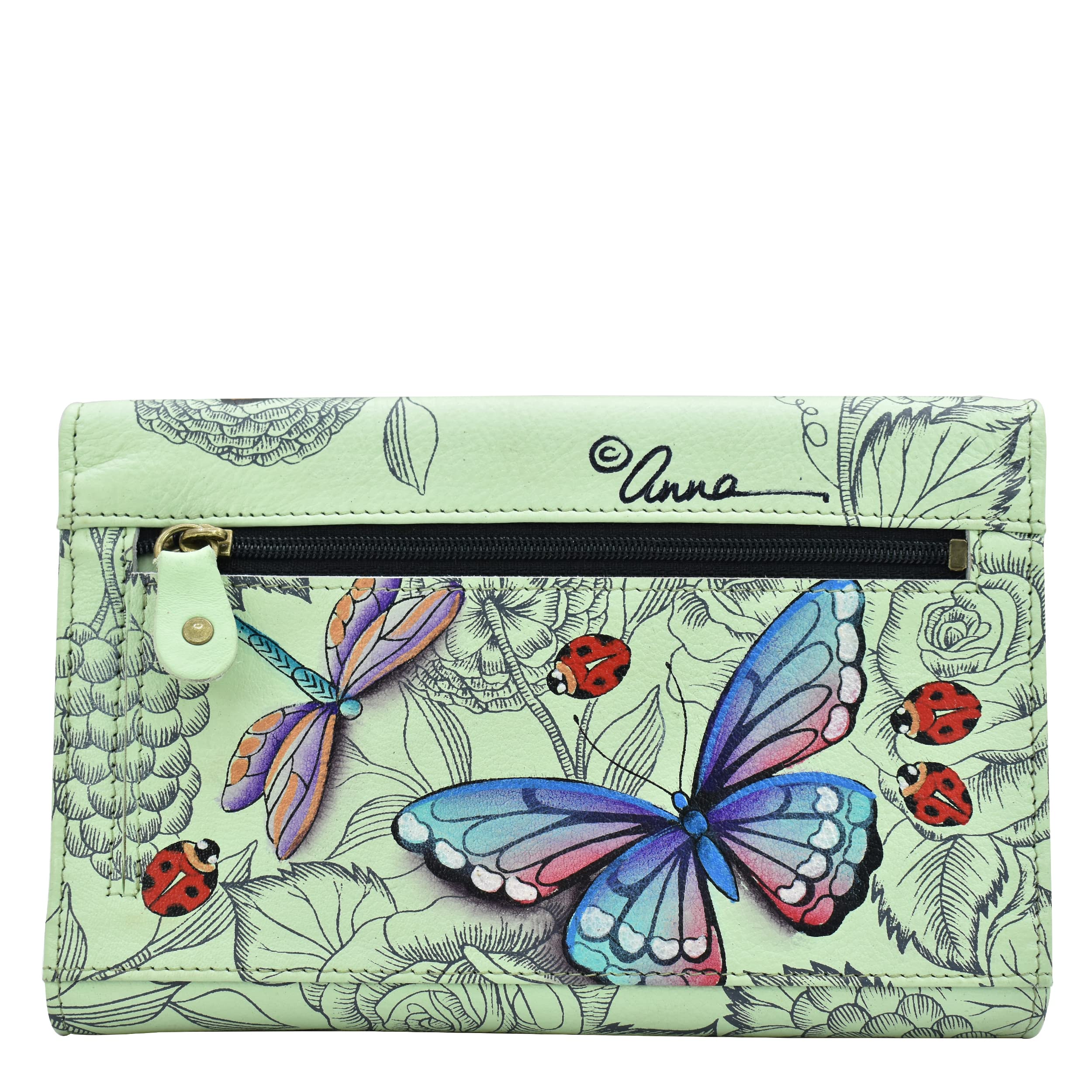 Anna by Anuschka Women's Geniune Leather Hand Painted Large Three Fold Checkbook Clutch Wallet - Dreamy Wings Sage