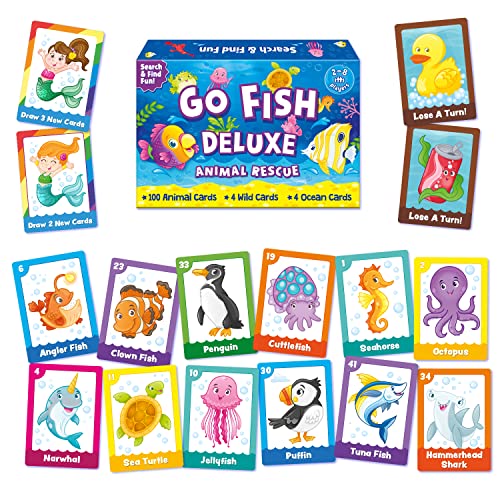 Go Fish Deluxe Animal Rescue! Family Card Game for Girls, Boys & Parents, Strategic Animal Matching Game, Play, Laugh & Learn Together, Ages 5 & Up! Fun at Home, School Travel Search & Find Game Play!