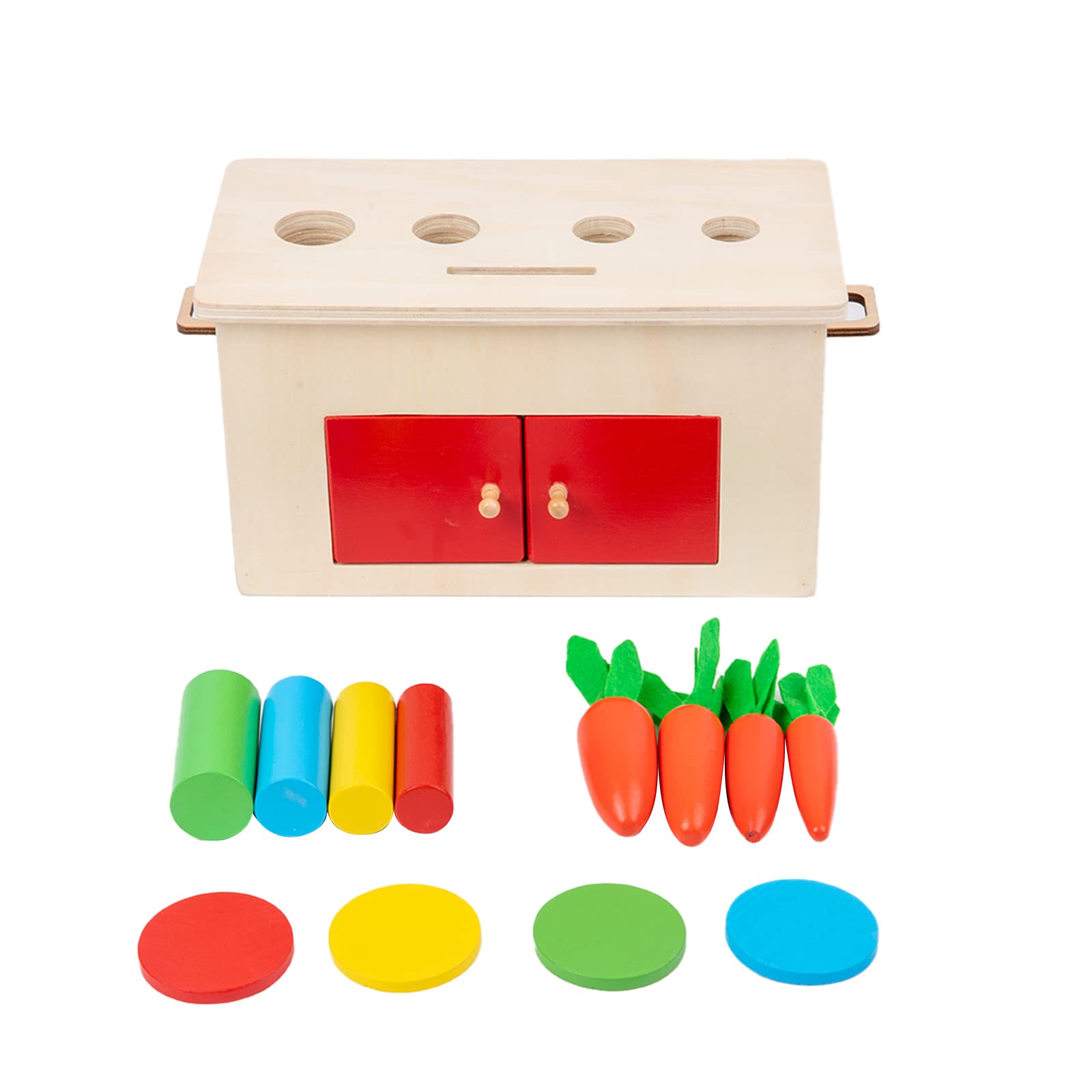 Adena Montessori 4-in-1 Play Kit Box for Infants,Toddlers and Babies 6-12 Months, 1 Year, 2 Year and 3 Year- Includes Coin Box, Cylinder & Carrot Drop Box, and Blind Touch Perception Box with Door