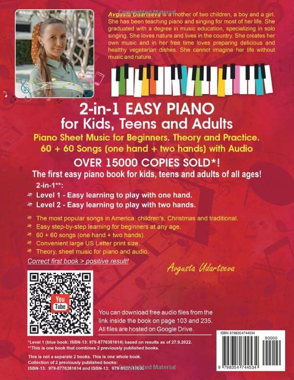 2-in-1 Easy Piano for Kids, Teens and Adults: Piano Sheet Music for Beginners. Theory and Practice. 60 + 60 Songs (one hand + two hands) with Audio