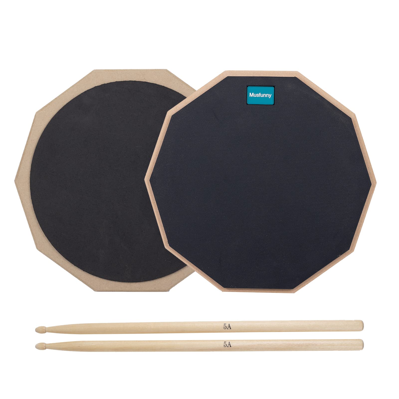 Drum Practice Pad Set and Sticks: Silent Snare Drums Pads Double Sided 12 Inch for Real Feel Practice Drumming with Storage Bag and 5A Drumsticks (12 inch Black)