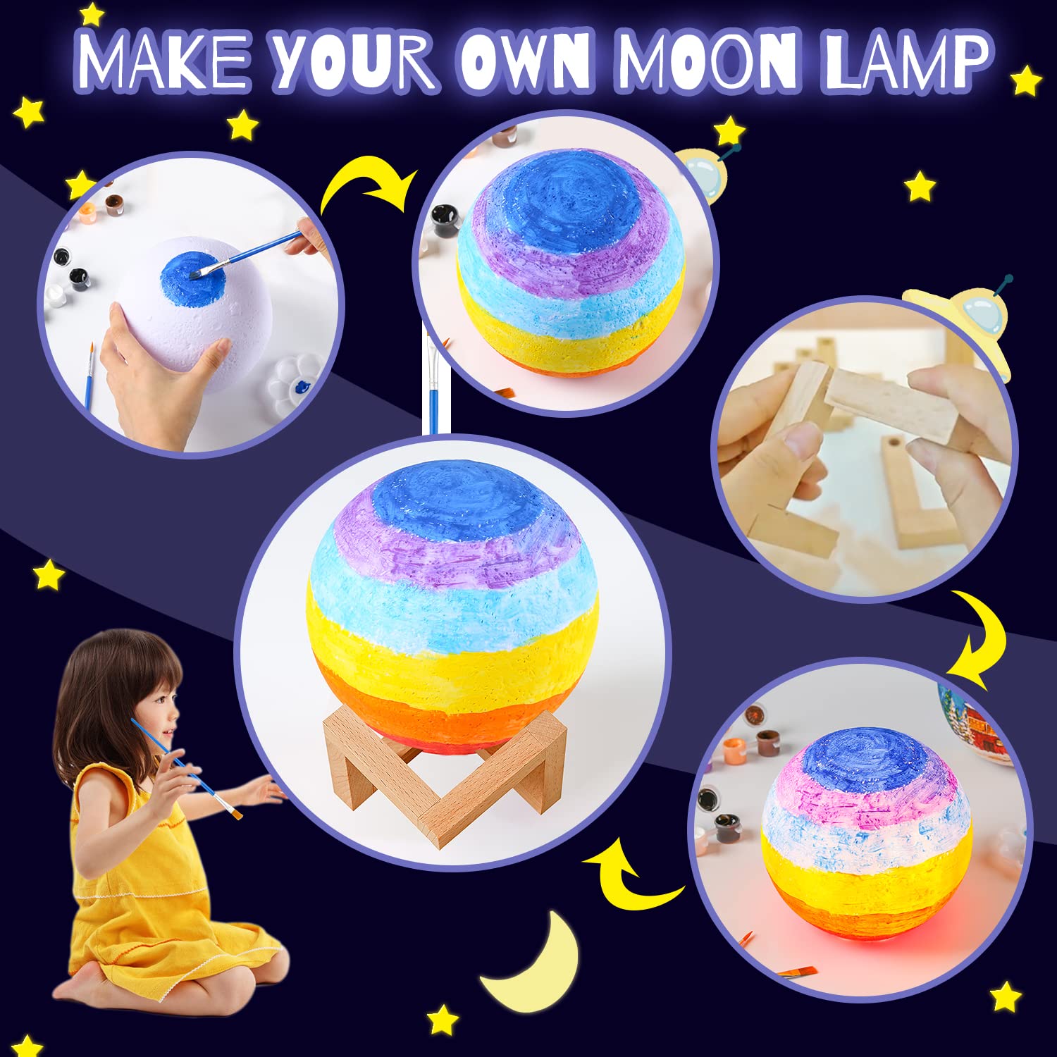 Paint Your Own Moon Lamp Kit, Valentines Crafts DIY 3D Moon Lamp Galaxy Light Art Supplies for Kids 9-12, Arts and Crafts for Kids Ages 8-12, Toys Boys Girls Birthday Gifts Ages 4 5 6 7 8 9 10 11 12+