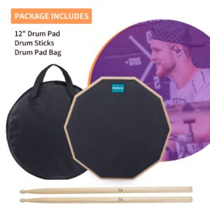 Drum Practice Pad Set and Sticks: Silent Snare Drums Pads Double Sided 12 Inch for Real Feel Practice Drumming with Storage Bag and 5A Drumsticks (12 inch Black)