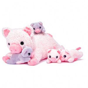 ikasa mommy pig stuffed animal mom and baby plush toy,cute 16" soft small fluffy mama family set toy with little mini babies,gifts for kid (pig)