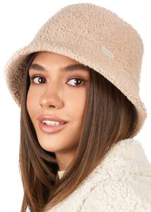 brown fuzzy bucket hat for women - winter faux fur bucket hat - fluffy sherpa bucket hats for women