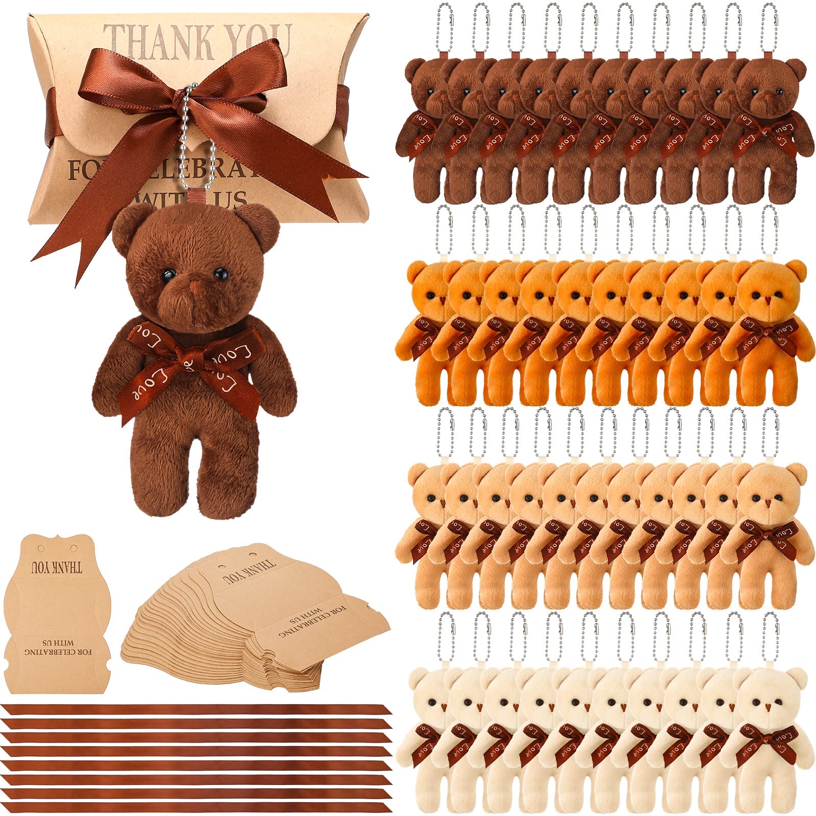 40 Sets Mini Bear Toy and Small Gift Boxes, with 40 Tiny Bear 40 Pillow Box with Ribbon Mini Bear Stuffed Animal Mini Stuffed Bears Small Favor Boxes for Wedding Birthday(Multi Colors)