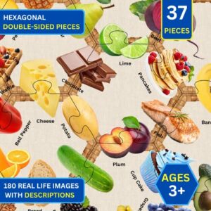 Double-Sided Floor Puzzles for Kids Ages 3-5 4-8, Educational Hexagonal Shapes with Words and Real Images, Learning Activity - 180 Foods and Objects (37 Pcs, 26"x29")