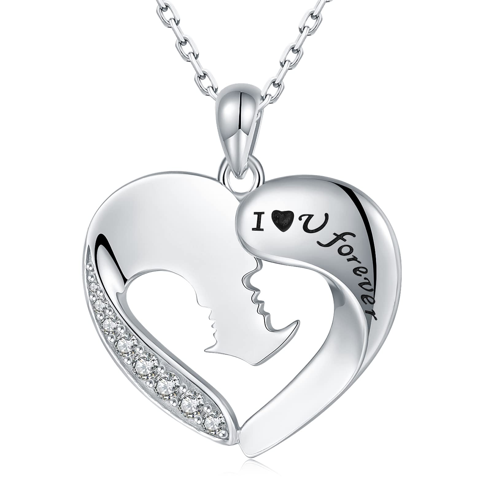 WOUOVO 925 Sterling Silver Mother and Child Love Heart Pendant Necklaces with CZ Jewelry Gifts for Mother and Son Daughter Grandmother Wife