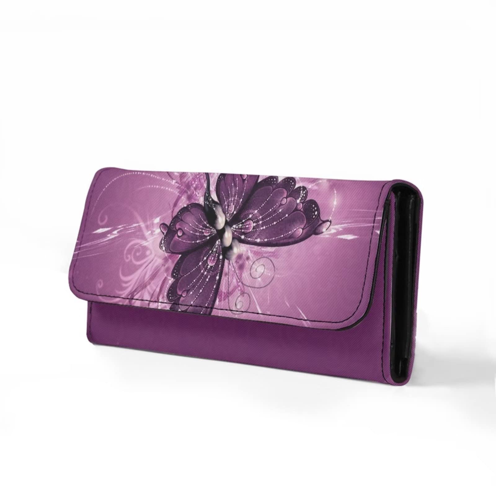 AFPANQZ Purple Butterfly Long Clutch Wallt for Ladies Girls Luxury RFID Blocking Tri-fold Leather Wallet Purse Big Capacity Phone Holder Coin Zip Pocket Multi Cards