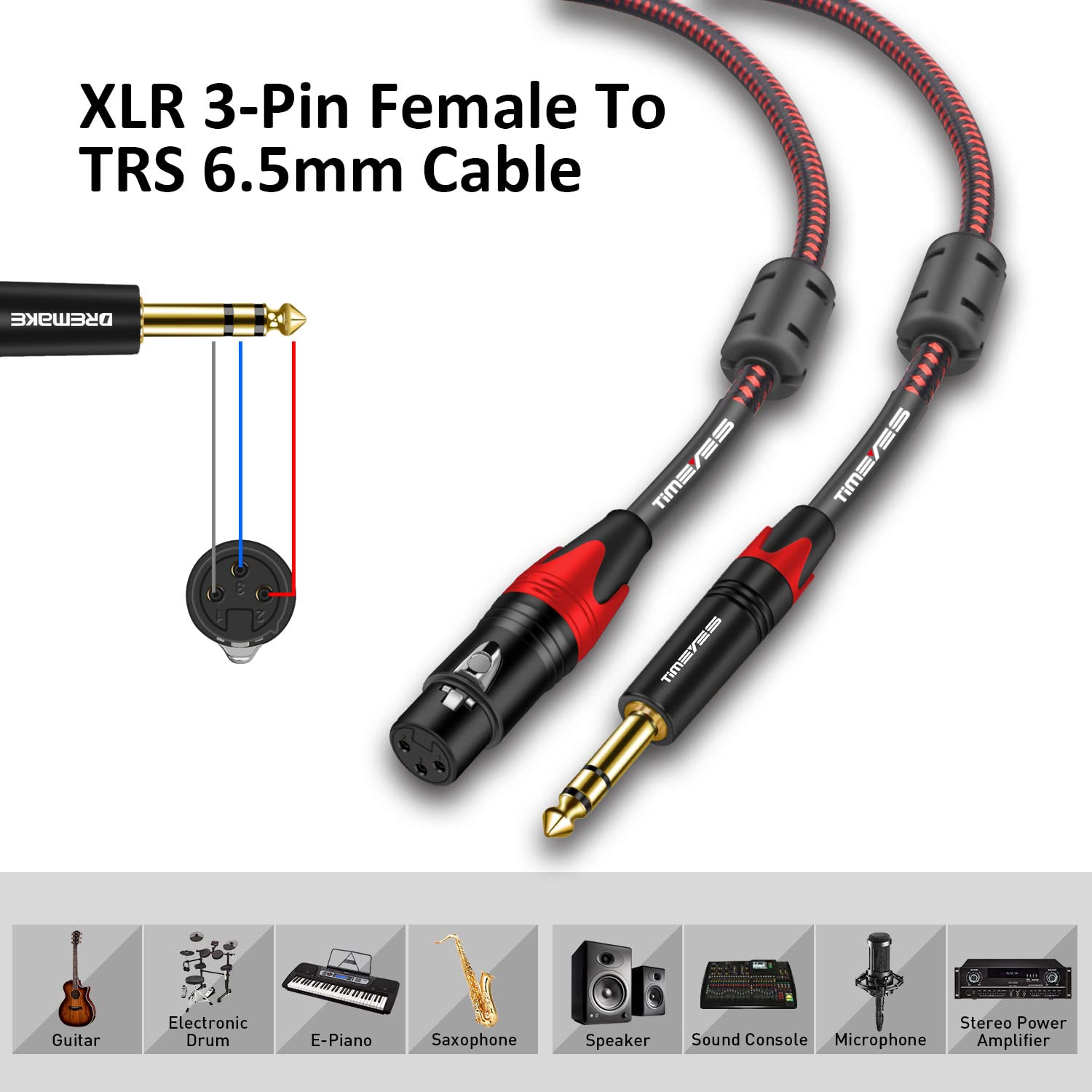 TIMEYES 1/4'' TRS to XLR Female Cord 3M, 6.5mm to XLR 3-Pin Female Microphone Cable, XLR to 6.35mm TRS Jack Stereo Instrument Cord, Balanced Quarter Inch TRS to XLR Plug Mic Cable 1/4 Inch to XLR 10FT