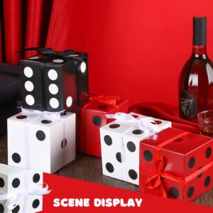 50 Pcs Dice Favor Boxes 4 x 4 x 4 Inch Casino Party Decorations Game Night Decorations Casino Themed Party Goodie Boxes Gift Box with Ribbon for Birthday Supplies (Black, White, Red)