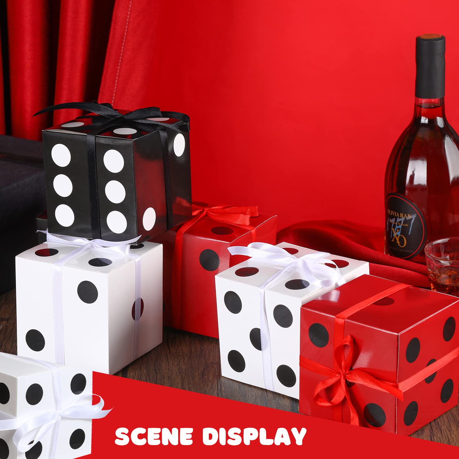 50 Pcs Dice Favor Boxes 4 x 4 x 4 Inch Casino Party Decorations Game Night Decorations Casino Themed Party Goodie Boxes Gift Box with Ribbon for Birthday Supplies (Black, White, Red)