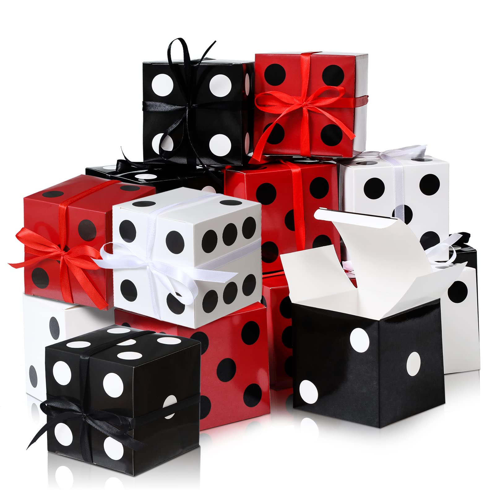 50 Pcs Dice Favor Boxes 4 x 4 x 4 Inch Casino Party Decorations Game Night Decorations Casino Themed Party Goodie Boxes Gift Box with Ribbon for Birthday Supplies (Black, White, Red)