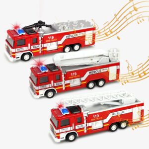 corper toys toy fire truck, 3 pack firetruck toys set with extending rescue rotating ladder water gun lights and siren sounds, pull back alloy car toys for toddlers boys girls kids gift