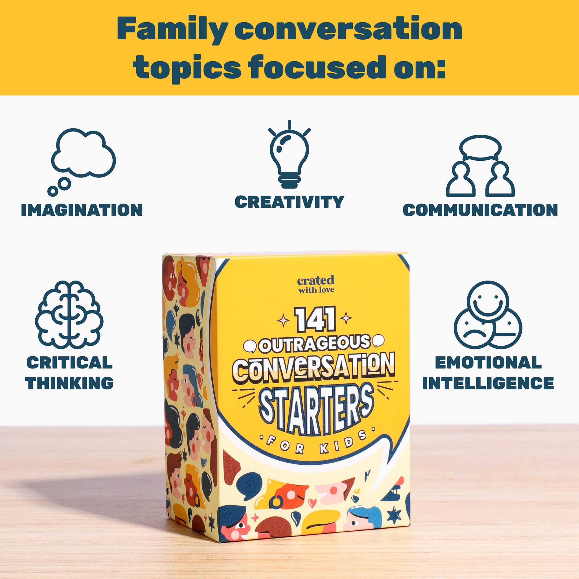 Crated with Love - 141 Outrageous Conversation Starters for Kids - Travel Games Card Deck for Family Table Topics, Funny Thought Provoking Questions to Spark Conversation and Grow Closer Together