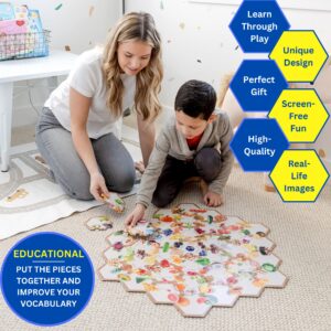 Double-Sided Floor Puzzles for Kids Ages 3-5 4-8, Educational Hexagonal Shapes with Words and Real Images, Learning Activity - 180 Foods and Objects (37 Pcs, 26"x29")