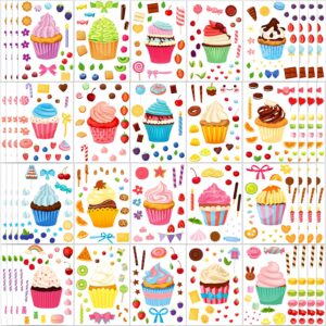 sinmoe 100 sheets valentine cupcake stickers colorful make your own stickers diy sweet kids cupcake craft stickers mix and match dessert stickers for kids classroom birthday party favor, 20 styles