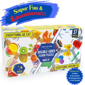 Double-Sided Floor Puzzles for Kids Ages 3-5 4-8, Educational Hexagonal Shapes with Words and Real Images, Learning Activity - 180 Foods and Objects (37 Pcs, 26"x29")