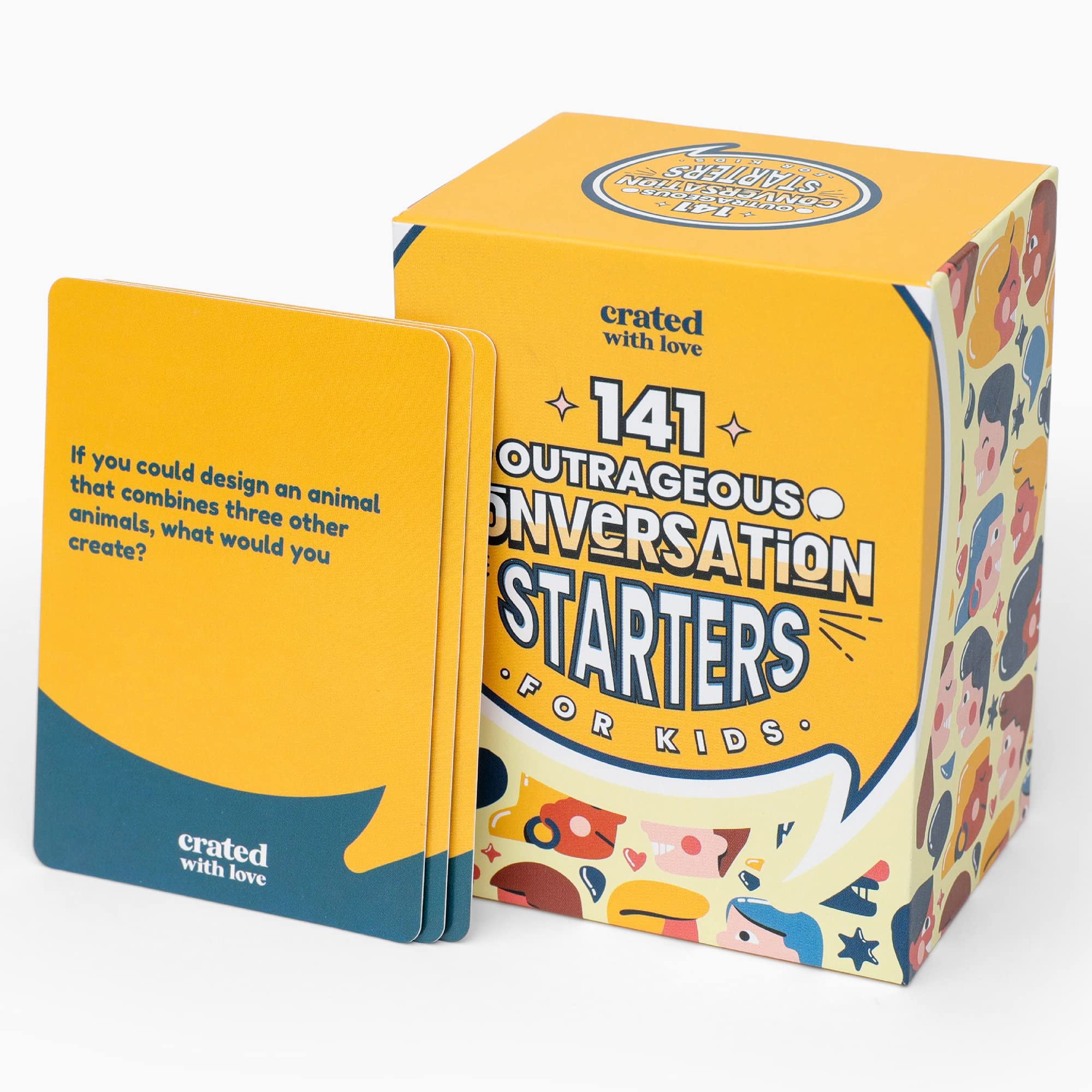 Crated with Love - 141 Outrageous Conversation Starters for Kids - Travel Games Card Deck for Family Table Topics, Funny Thought Provoking Questions to Spark Conversation and Grow Closer Together