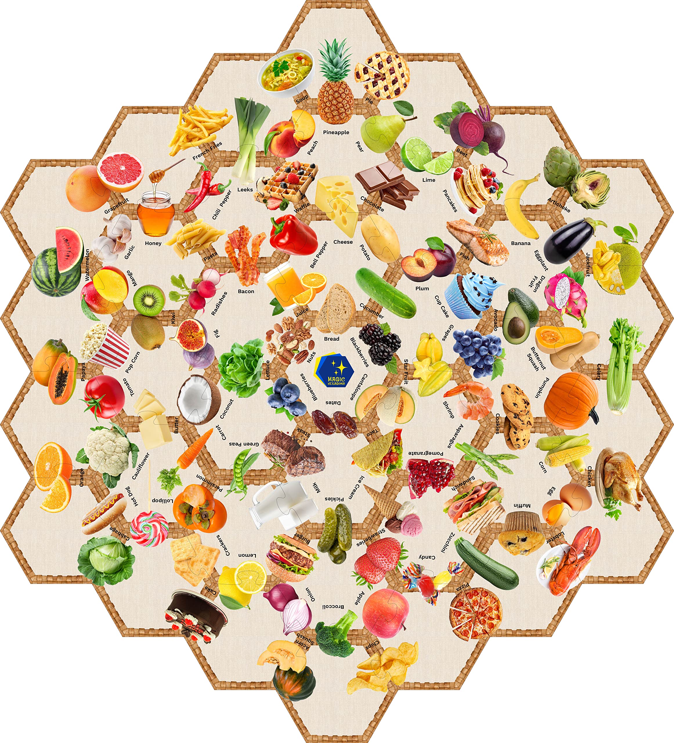 Double-Sided Floor Puzzles for Kids Ages 3-5 4-8, Educational Hexagonal Shapes with Words and Real Images, Learning Activity - 180 Foods and Objects (37 Pcs, 26"x29")