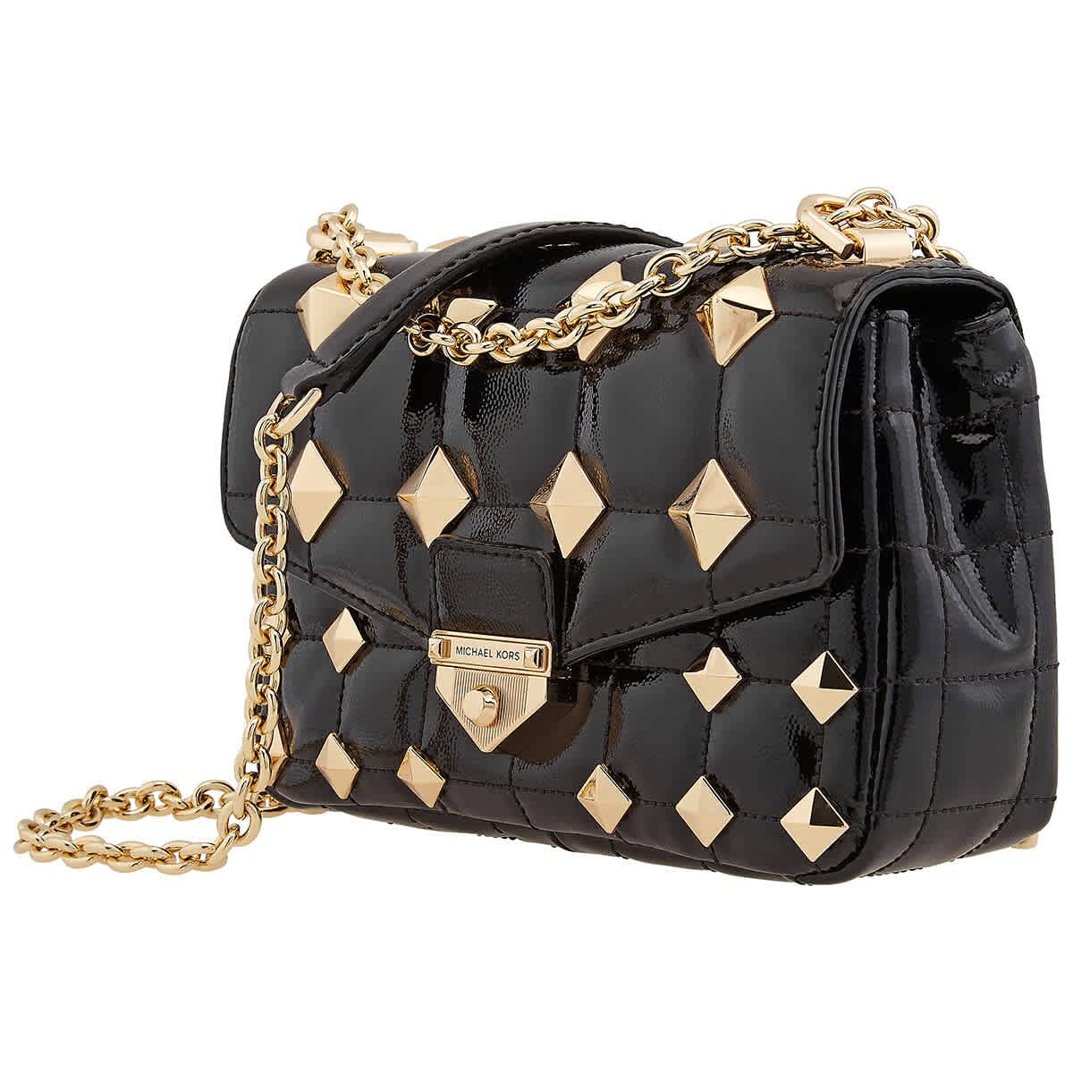 SoHo Small Studded Quilted Patent Leather Shoulder Bag