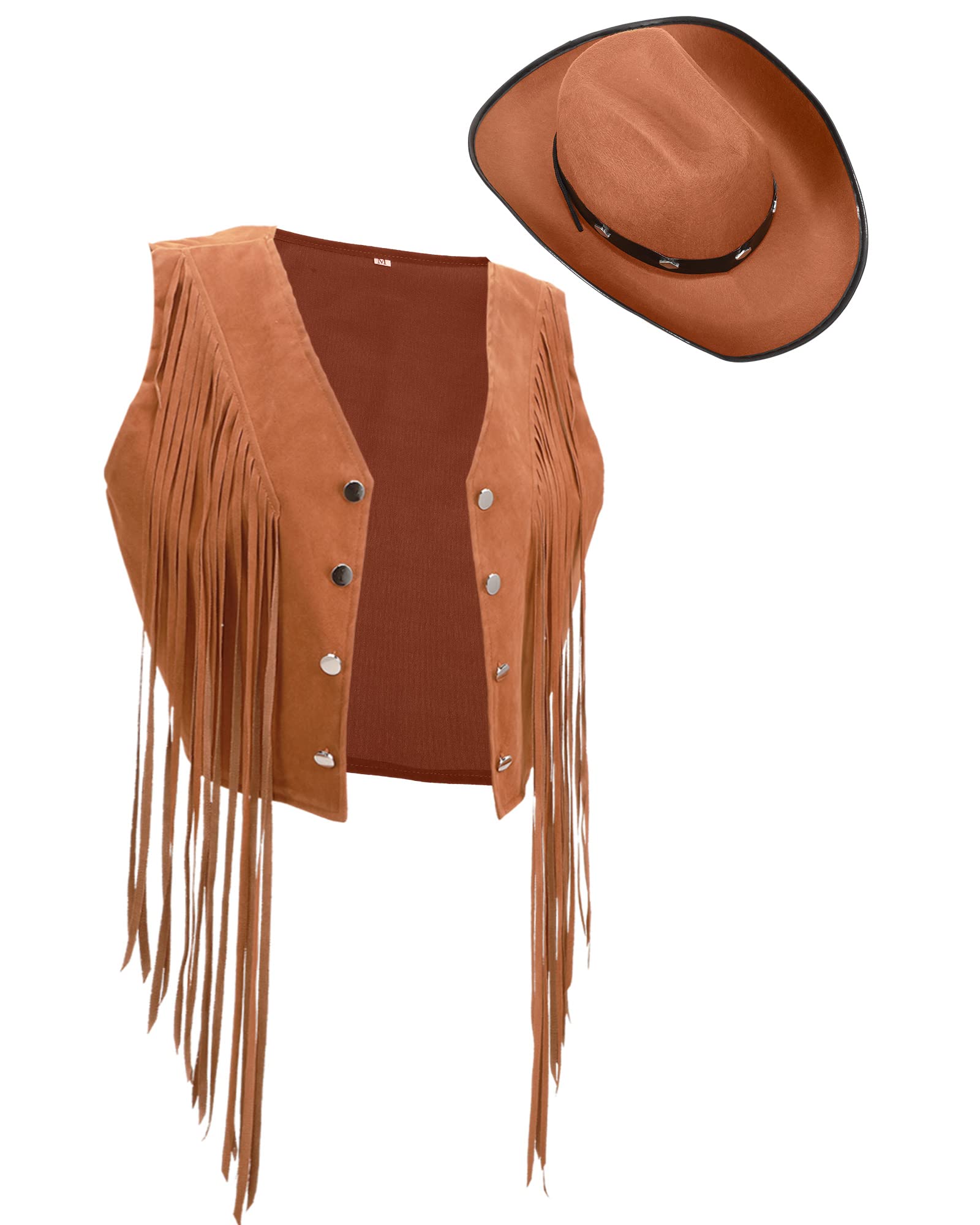 Yaomiao 70s Hippie Womens Fringe Vest Western Felt Cowgirl Hat Cowgirl Costume Rivets Sleeveless Faux Suede Tassels Jacket (Brown,M)