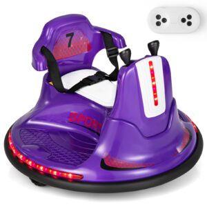 costzon 12v kids ride on bumper car, electric bumper car w/dual joysticks, remote control, 360° spin, slow start function, led lights & fun music, adjustable safety belt, soft bumper (purple)