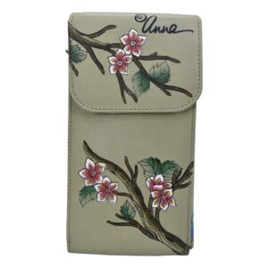 Anna by Anuchka Women's Hand-Painted Genuine Leather Phone Wallet Organizer Crossbody - Peacock Bliss Taupe