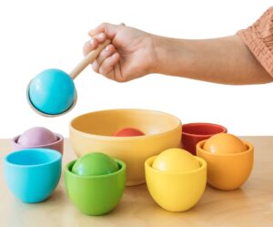 montessori large rainbow colored sorting ball in cup | preschool color matching toy | gross motor transfer activity | 6 toddler safe wooden balls 46mm in diameter - non-choking-hazard