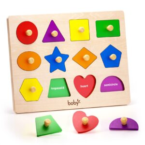 boby shape color puzzle for toddlers 1-3, montessori learning toys for 1 + year old girl, jumbo knob wooden pegged chunky shapes puzzles for kids ages 3, baby educational toys 12-18-24 months boys