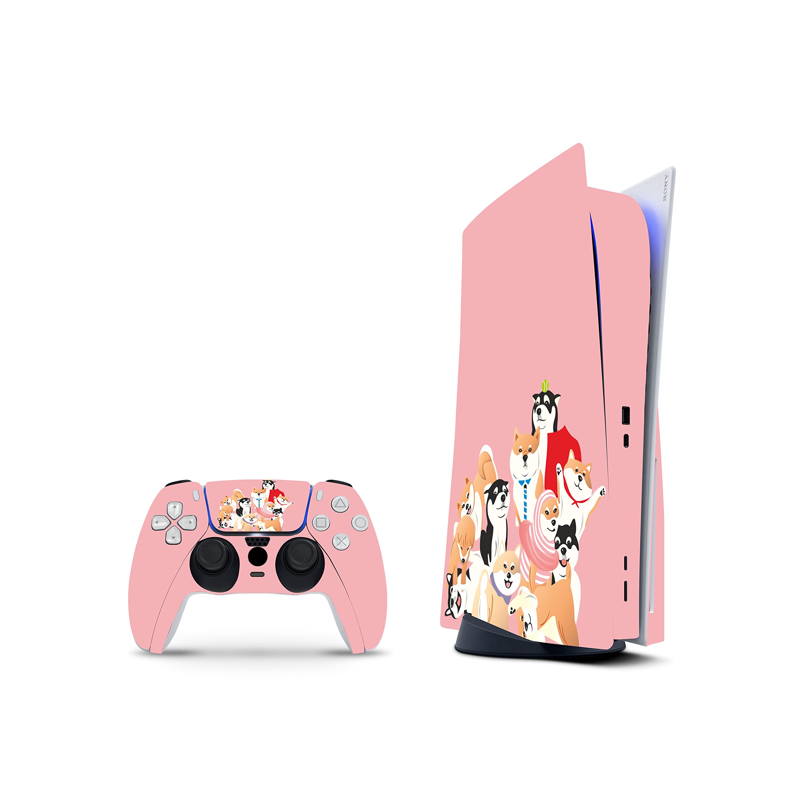 ZOOMHITSKINS Compatible with PS5 Digital Version (No Disk Version) Skin, Shiba Inu Pink Cute Dog Cartoon Anime, Durable, Bubble-Free, Precisely Cut