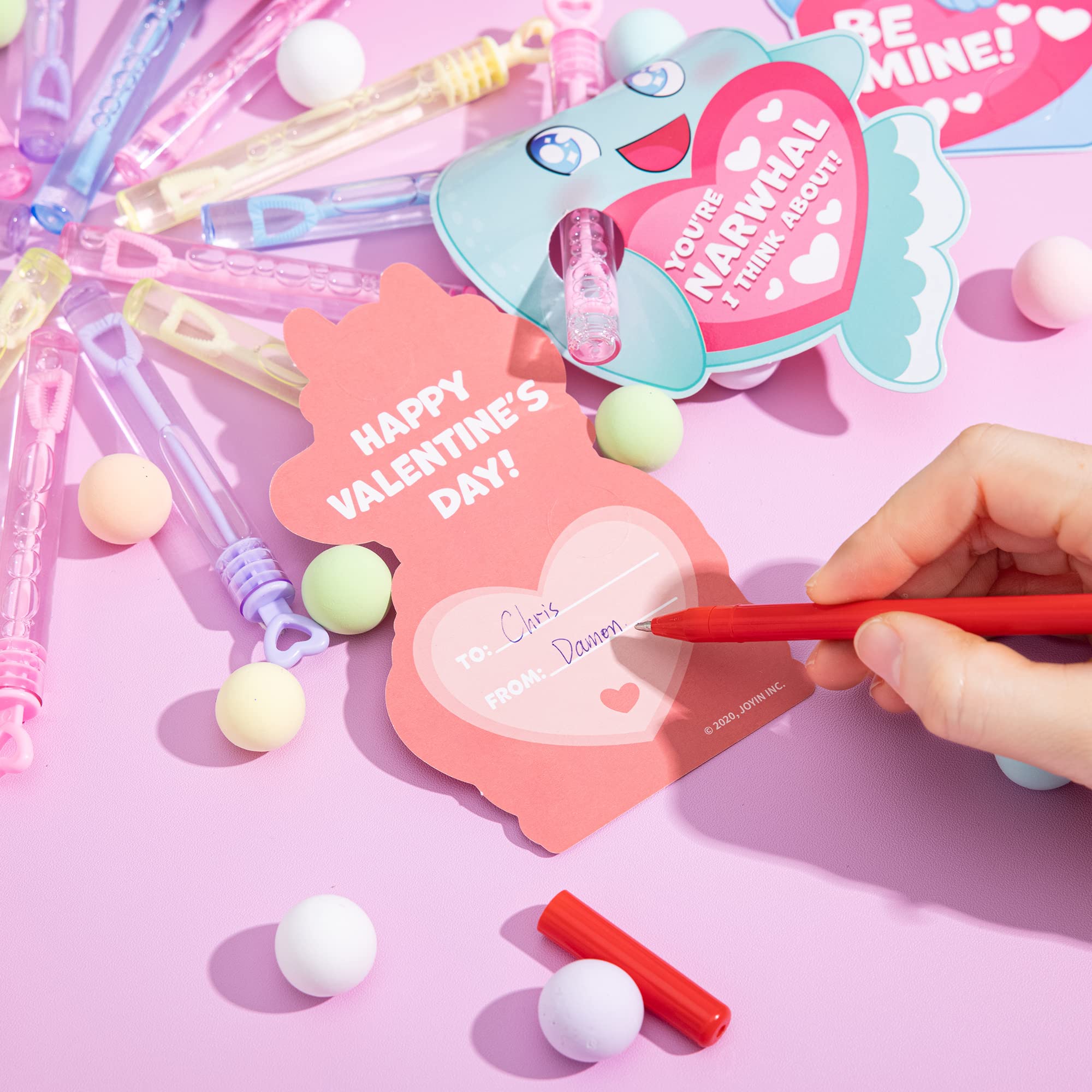 JOYIN 36 Packs Valentine's Day Gift Cards with Mini Bubble Maker Wands for for Kids Valentine Party Favor Toys, Valentine's Classroom Exchange, Game Prizes